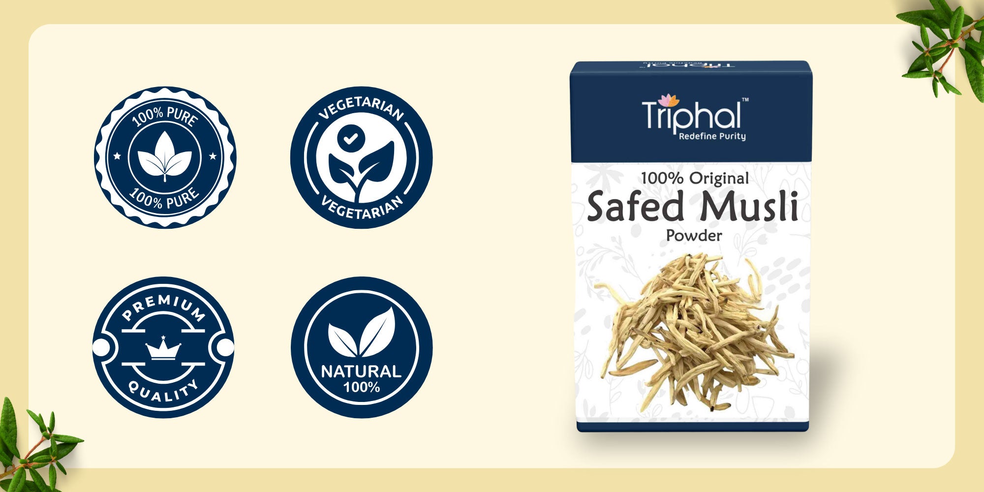 Safed Musli Powder - 100% Natural and Pure Moosli Shwet - Triphal